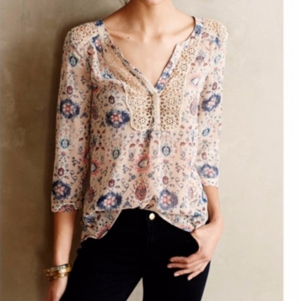 Maeve By Anthropologie Viola Floral Crochet Blouse - Gem